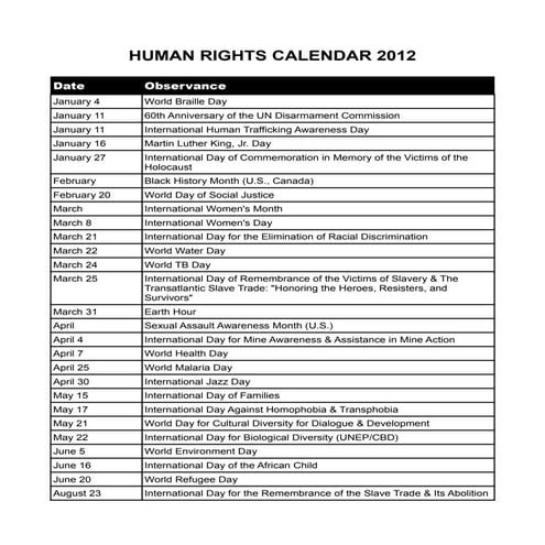 Human Rights Calendar 2012 | PDF