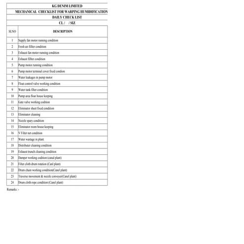 Humdification plant check list | ODS