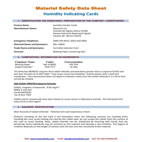 Humidity Indicating Cards MSDS | PDF