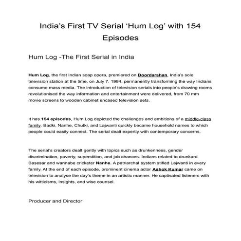 India’s First TV Serial ‘Hum Log’ with 154 Episodes | PDF
