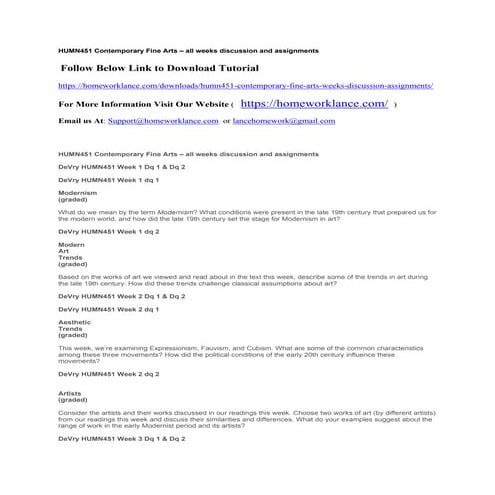 Humn451 contemporary fine arts – all weeks discussion and assignments | PDF