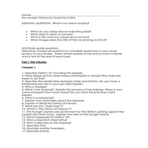Hunger games study questions students | DOCX