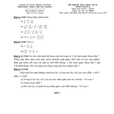 Đề Thi HK2 Toán 6 - THCS Hưng Long | DOCX