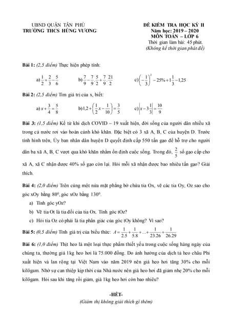 Đề Thi HK2 Toán 6 - THCS Văn Lang | PDF