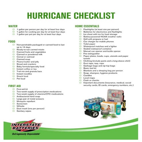 Hurricane preparedness checklist from Interstate Batteries | PDF