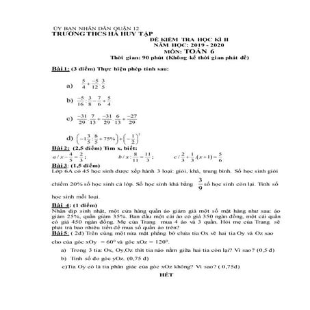 Đề Thi HK2 Toán 6 - THCS Hà Huy Tập | PDF