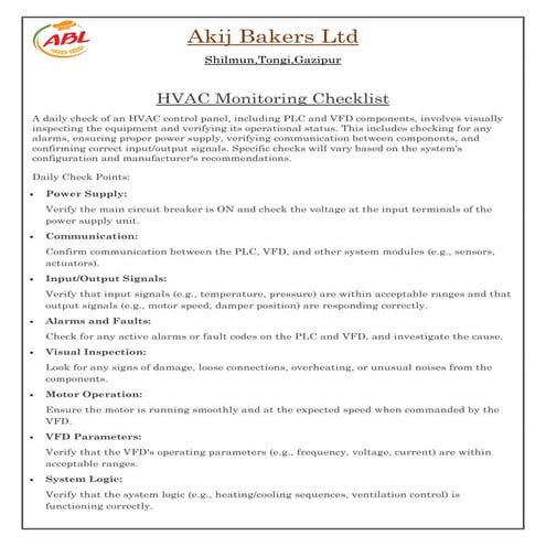 Daily HVAC Monitoring Checklist for Maintenance | PDF
