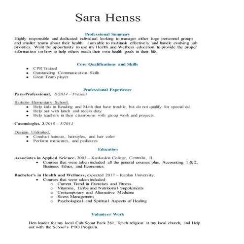 Hw499 sara henss-resume2 | DOCX | Education