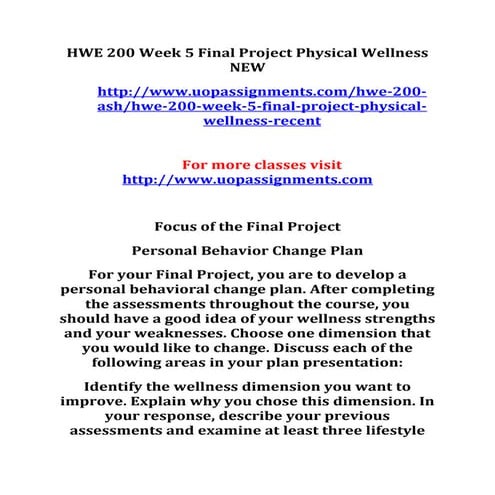 Hwe 200 week 5 final project physical wellness new | PDF