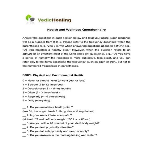 Health & Wellness Questionnaire | PDF