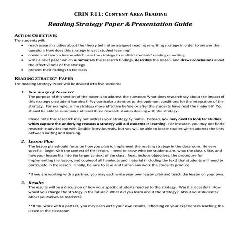 Reading strategy assignment guide | DOC