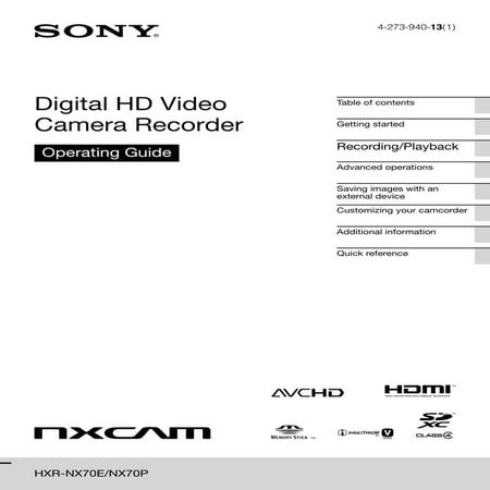 Sony HXR-NX70E Operation Manual | PDF | Cameras and Camcorders ...