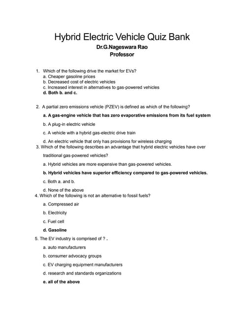 Question Bank on Hybrid Electrical Vehicles | PDF