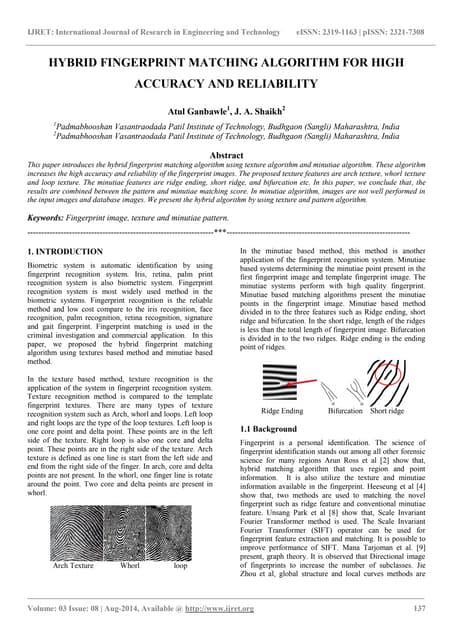 Hybrid Fingerprint Matching Algorithm For High Accuracy And Reliability Pdf