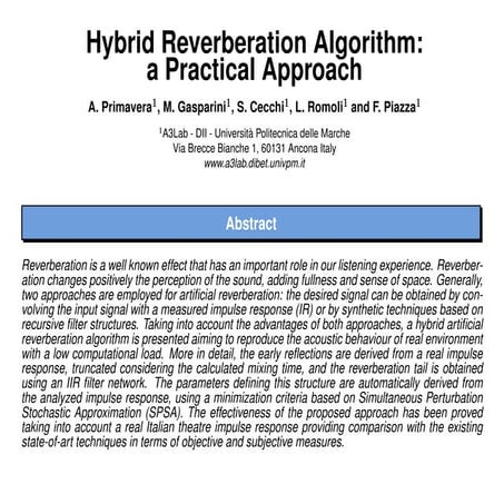 Hybrid Reverberation Algorithm A Practical Approach Ppt 6732