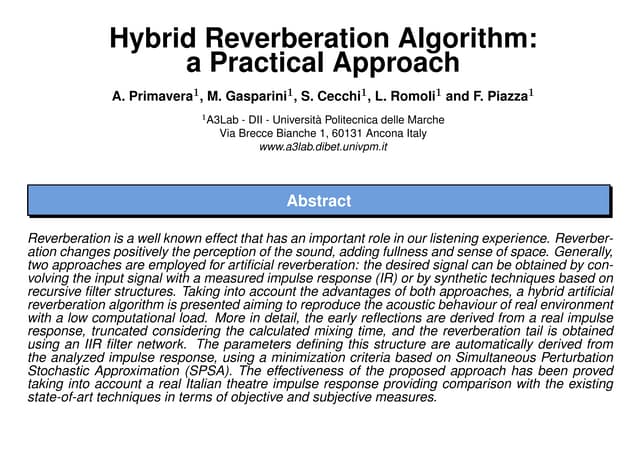 Hybrid Reverberation Algorithm A Practical Approach Ppt 6732