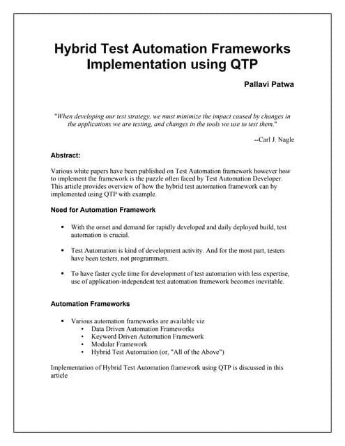 Hybrid Test Automation Frameworks Implementation Using Qtp Pdf