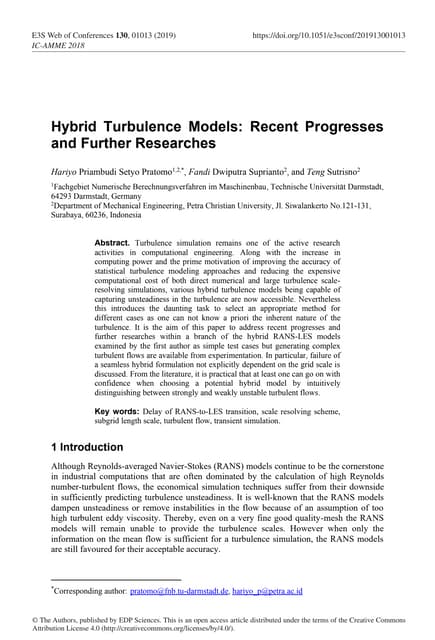 Hybrid Turbulence Models Recent Progresses And Fur Pdf