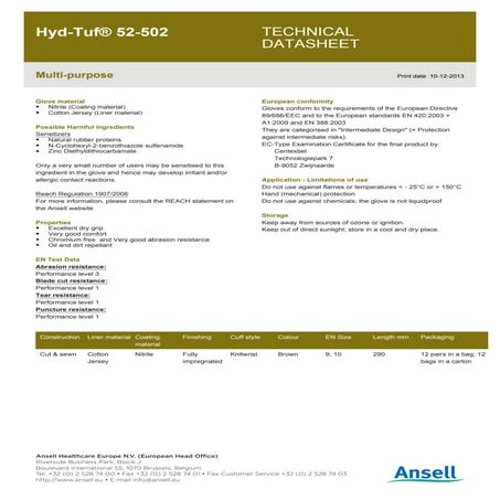 Ansell Hyd-Tuf 52-502 Gloves - Hand Protection For Oil & Gas | PDF