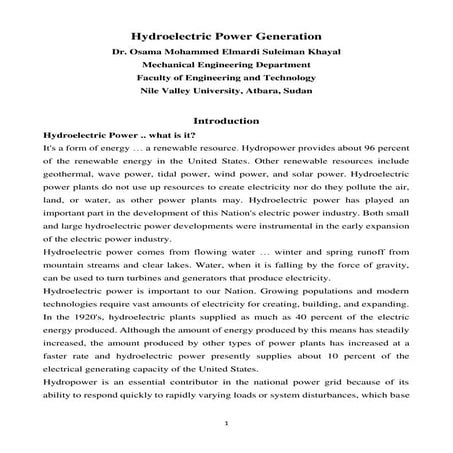 Hydroelectric Power Generation and working | PDF
