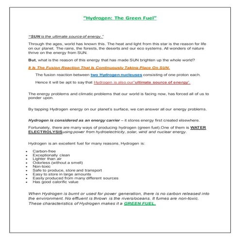 Hydrogen the green fuel | DOCX