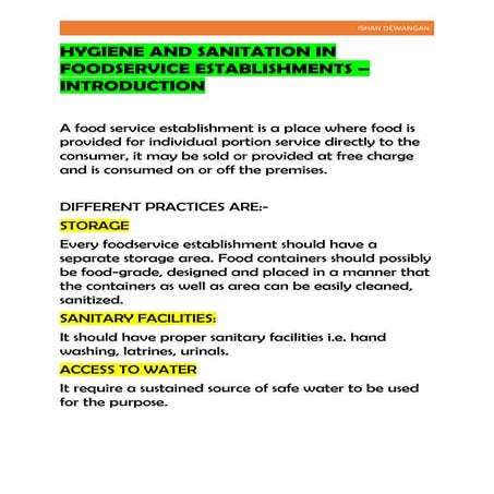 HYGIENE AND SANITATION IN FOOD SERVICE ESTABLISHMENTS- INTRODUCTION | PDF