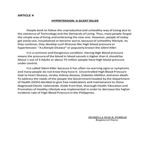 Hypertension a silent killer article 4 | DOCX