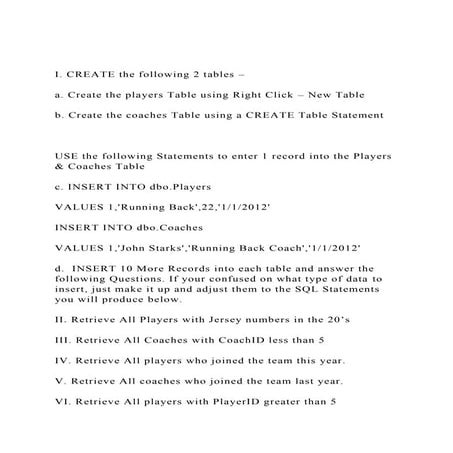 I. CREATE the following 2 tables – a. Create the players Tab | DOCX