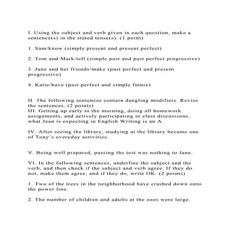 I. Using the subject and verb given in each question, make a sente.docx