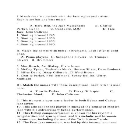 I. Match the time periods with the Jazz styles and artists. Each l.docx
