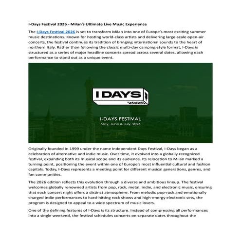 I-Days Festival 2026 - Milan’s Ultimate Live Music Experience | PDF