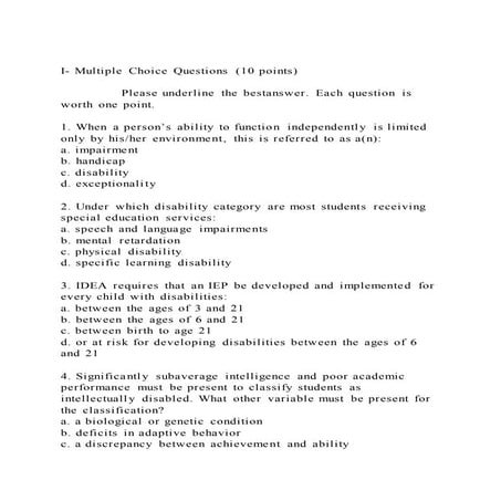 I- Multiple Choice Questions (10 points)Please underline the | DOCX