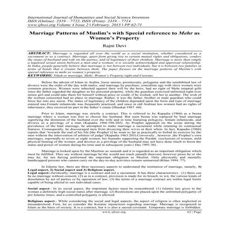 Marriage Patterns of Muslim’s with Special reference to Mehr as Women’s ...