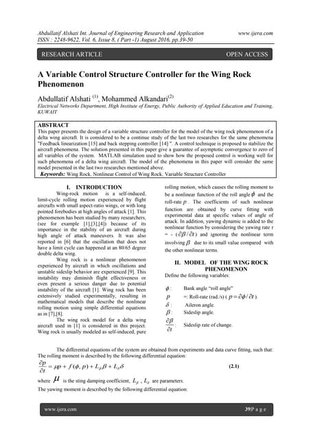 A Variable Control Structure Controller For The Wing Rock Phenomenon Pdf 2449