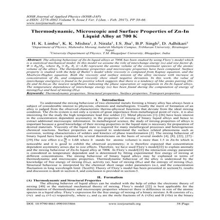 Thermodynamic Microscopic And Surface Properties Of Zn In Liquid Alloy At 700 K Pdf