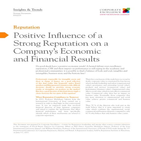 Positive influence of a strong reputatino on a company´s Economic and ...