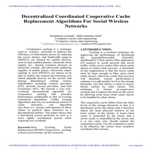 Iaetsd decentralized coordinated cooperative cache | PDF | Computer Networking | Computing