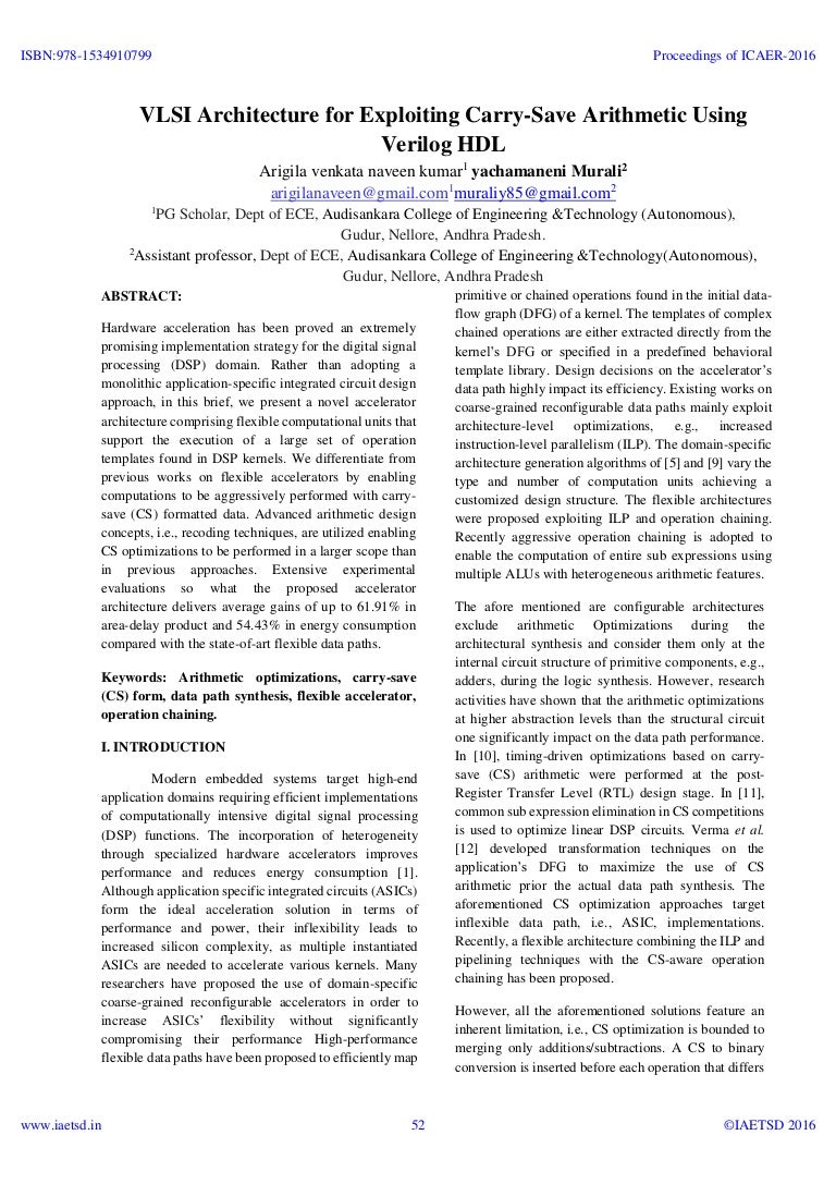 Iaetsd Vlsi Architecture For Exploiting Carry Save Arithmetic Using V