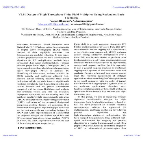 Iaetsd Vlsi Design Of High Throughput Finite Field Multiplier Using Redundant Basis Pdf