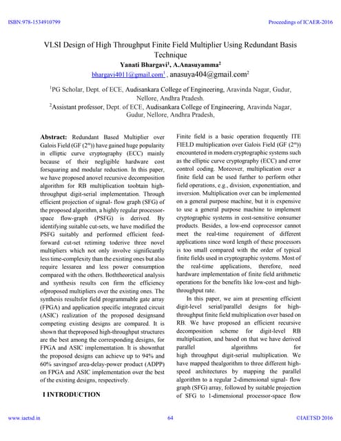 Iaetsd Vlsi Design Of High Throughput Finite Field Multiplier Using Redundant Basis Pdf