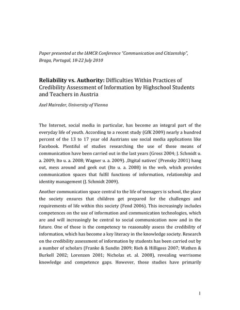 Reliablity vs Authority, IAMCR Paper | PDF