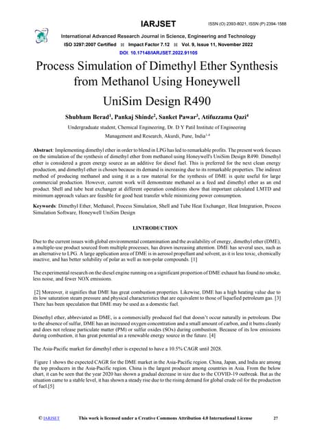 Aspenhysys Simulation Of Methanol To Dimethylether Dme Pdf