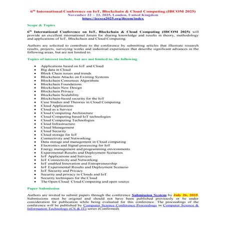 Call For Papers-6th International Conference on IoT, Blockchain & Cloud Computing (IBCOM 2025) | PDF
