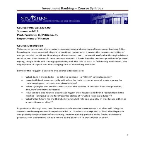 Investment Banking course syllabus nyu summer 2013pdf | PDF