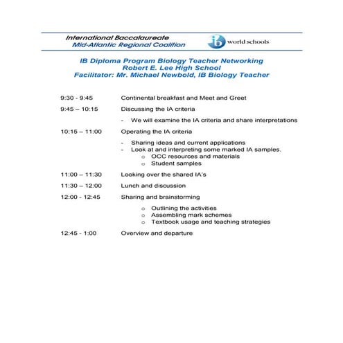 Ib diploma program biology teacher networking agenda | DOCX