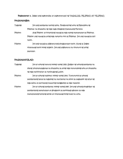 Ibigay ang pagkakaiba at pagkakatulad ng tagalog, pilipino at filipino | DOCX