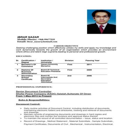 NEED JOB IN OMAN Ibrar nazar resume | PDF