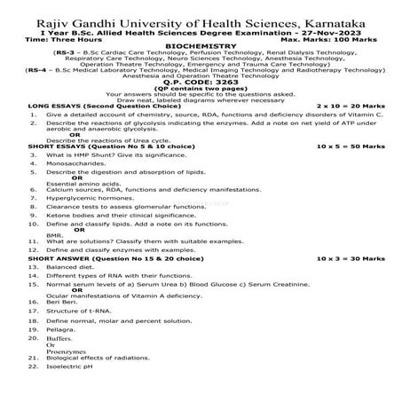 I year BSc AHS and MLT Biochemistry RGUHS Previous Question papers RS4 ...