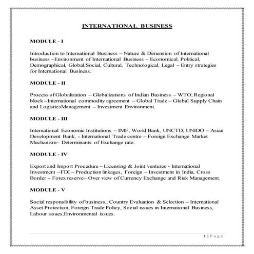 INTERNATIONAL BUSINESS - MG UNIVERSITY 3RD SEMESTER - FULL NOTES | DOCX