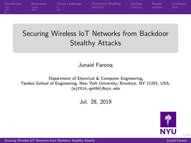 Securing Wireless Iot Networks From Backdoor Stealthy Attacks Ppt